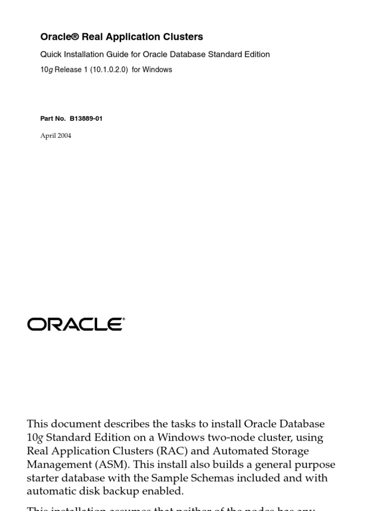 120 Real Application Clusters Quick Installation Guide For Oracle Database Standard Edition