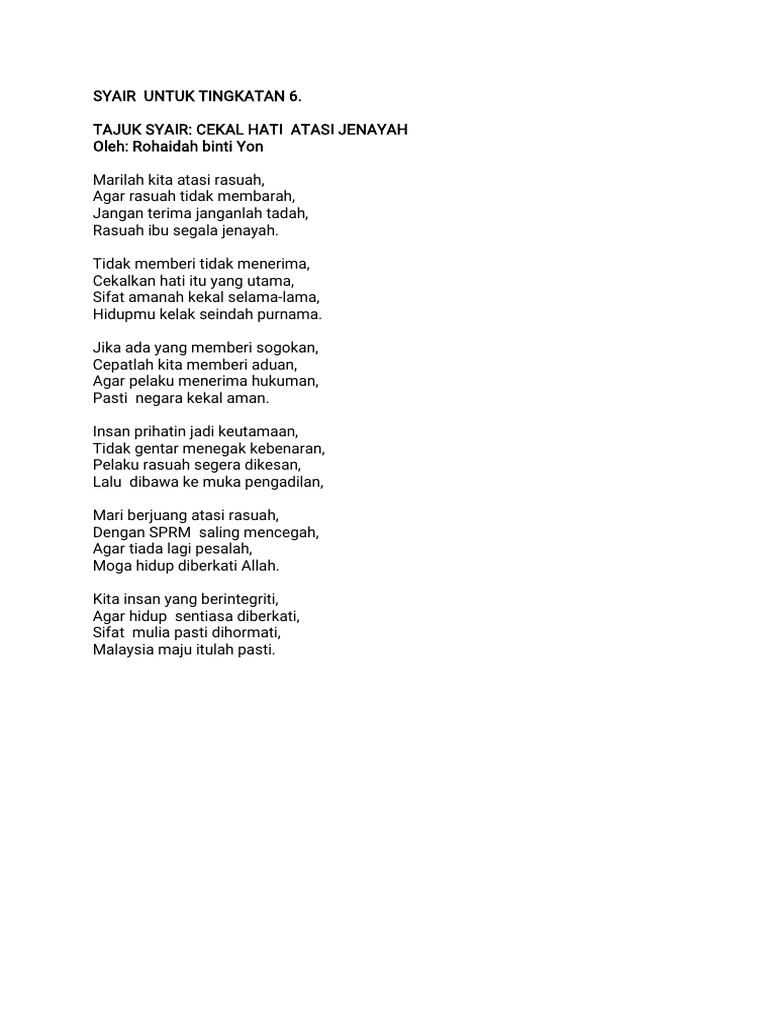 Syair Tema Wira Anti Rasuah 2023 | PDF