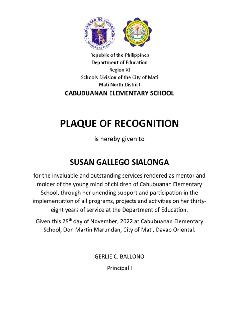 Plaque of Recognition | PDF