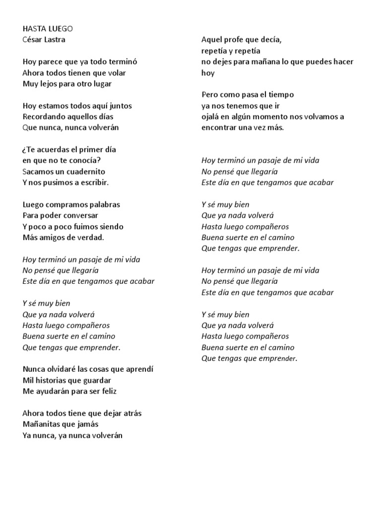 Hasta Luego, Compañeros: Letra de César Lastra | PDF | Artes del ...