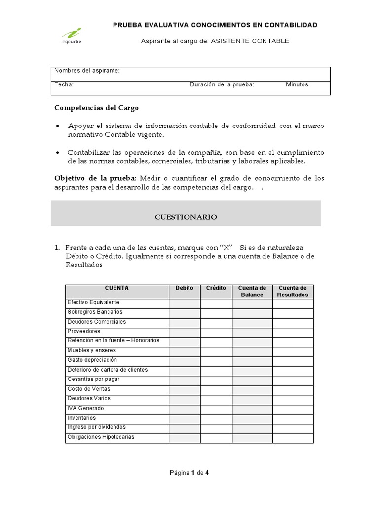 Prueba de Conocimiento Asistente Contable | PDF | Contabilidad | normas ...