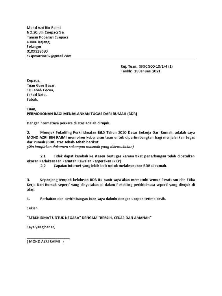 Contoh Surat Guru Mohon BDR | PDF