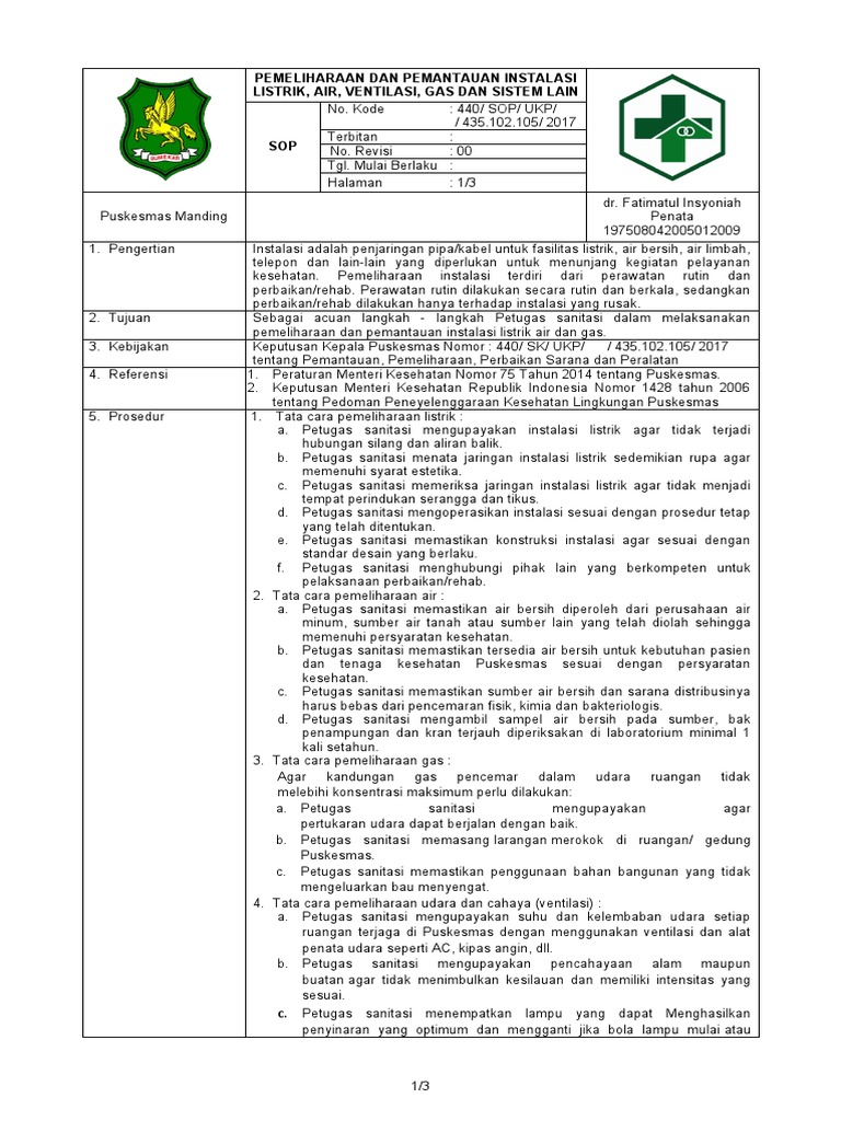 8.5.1.2 Sop Pemeliharaan Dan Pemantauan Instalasi Listrik, Air, Gas Dan Sistem Lain | PDF