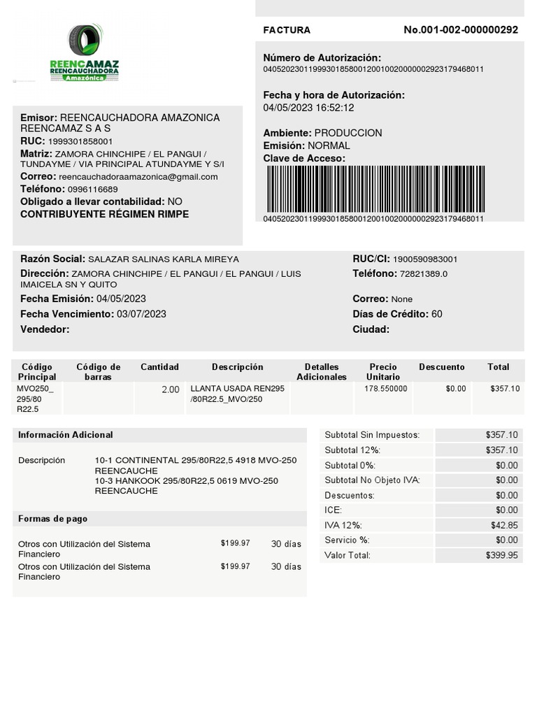 Fac 001-002-000000292 | PDF | Pagos | Economias