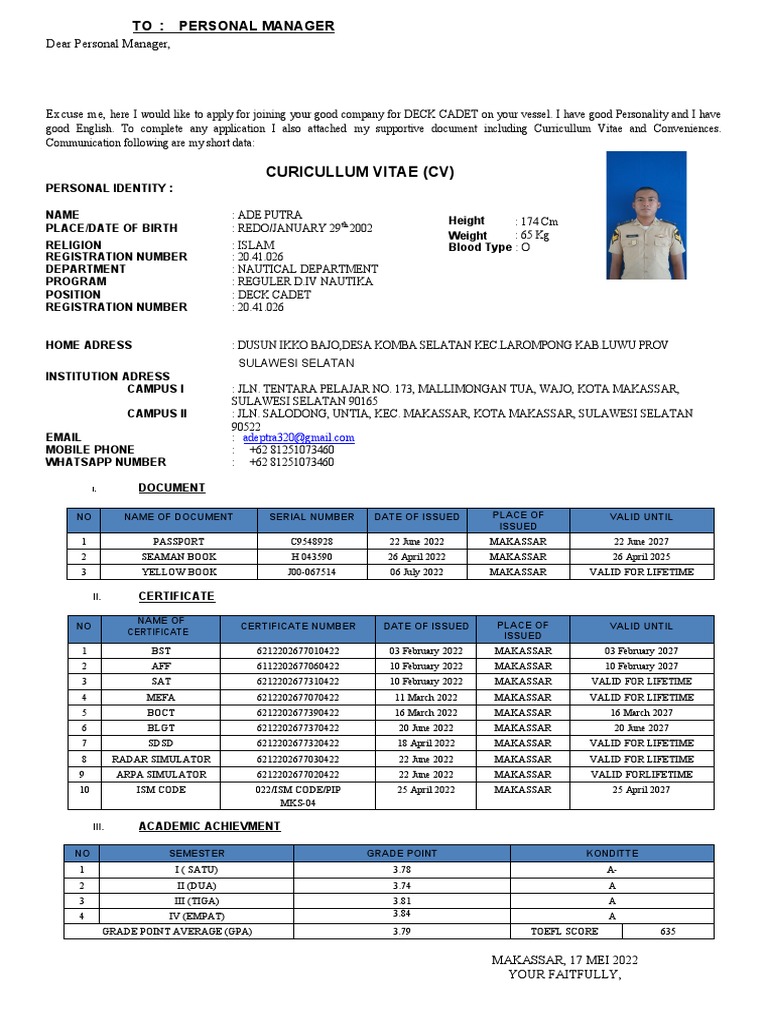 Deck Cadet Application by Ade Putra | PDF