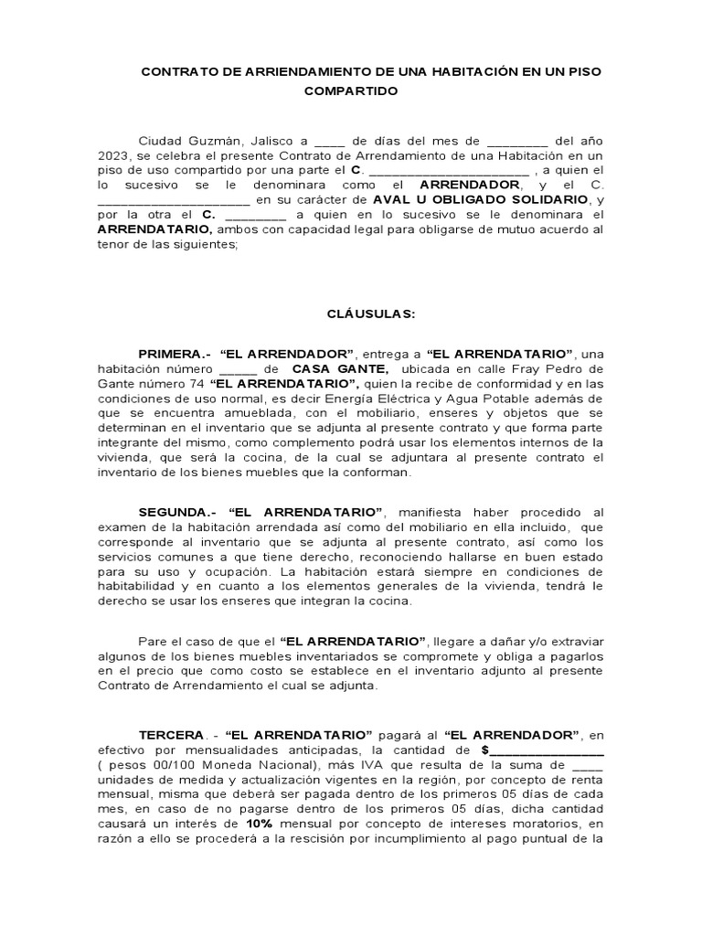 Modelo de Contrato de Alquiler o Arriendamiento de Una Habitación en Un Piso Compartido | PDF ...