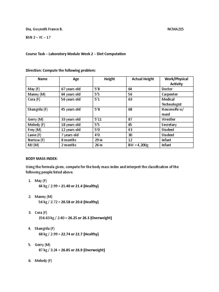 DIA-Lab Week 2-Diet Computation | PDF | Calorie | Management Of Obesity