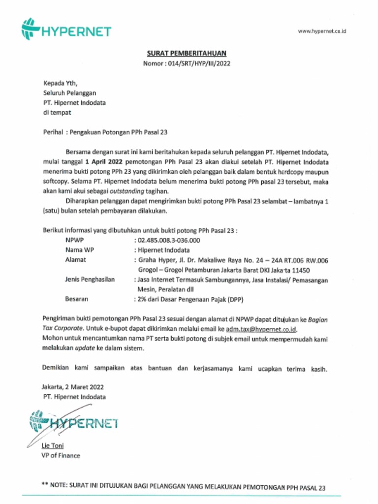 Surat_Pemberitahuan_Pengakuan_Potongan_PPh_23 | PDF