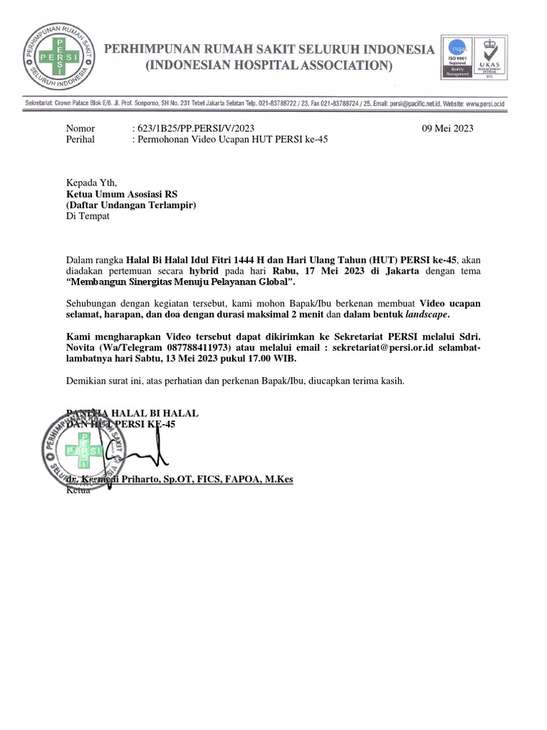 Surat Video Taping HUT PERSI Ke-45 (Asosiasi RS) | PDF | Ilmu Sosial ...