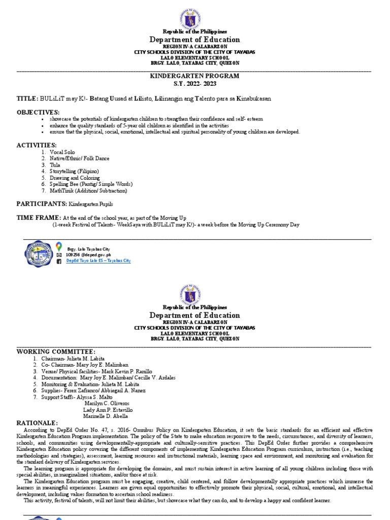 Kindergarten Program | PDF | Learning | Kindergarten