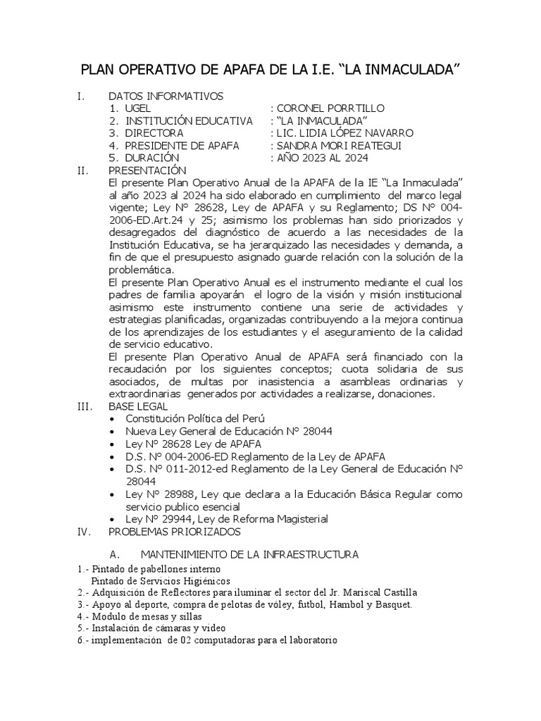 Plan APAFA 2023-2024: IE La Inmaculada | PDF