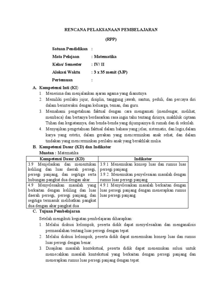 Revisi RPP Luas Persegi Panjang Siklus 1 Pert 2 | PDF