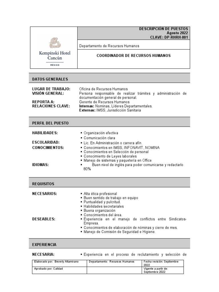 DP-RHRH-001 Descripción de Puestos de Coordinador de RRHH | PDF | Gestión de recursos humanos ...