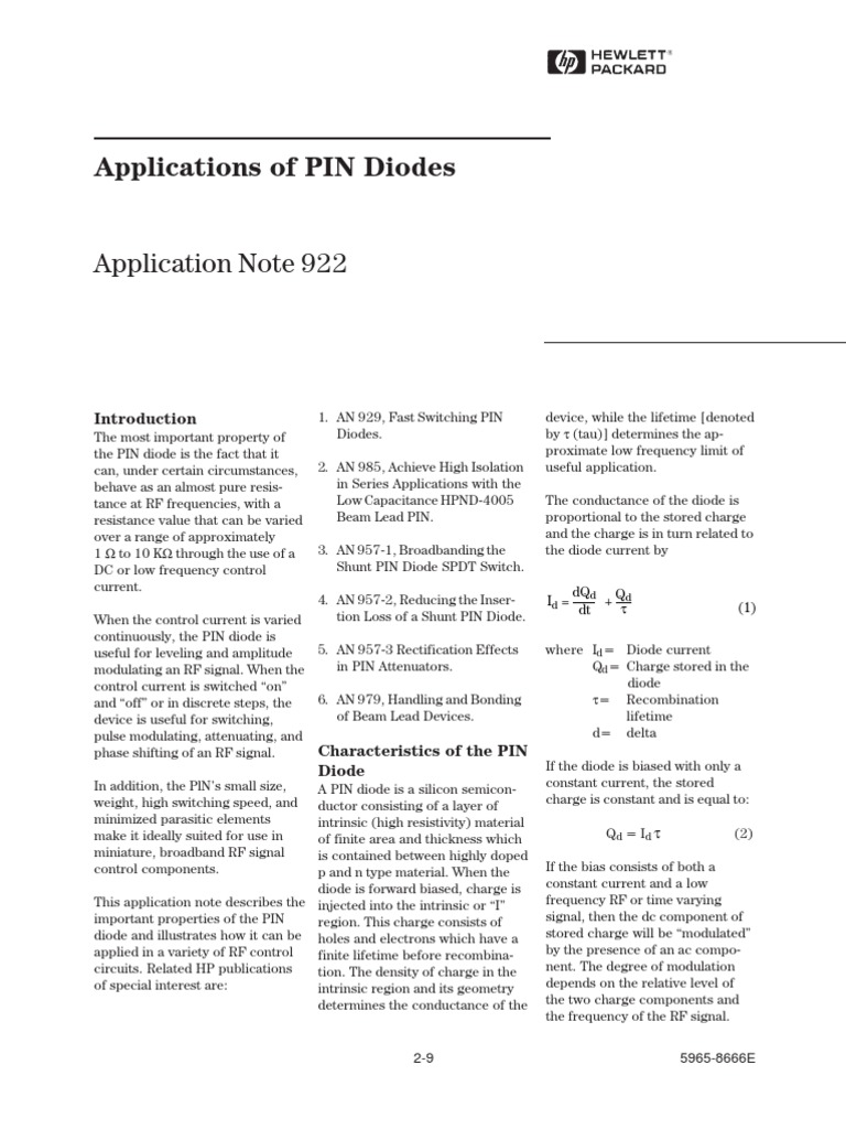 Applications of PIN Diodes: Application Note 922 | PDF | Diode ...