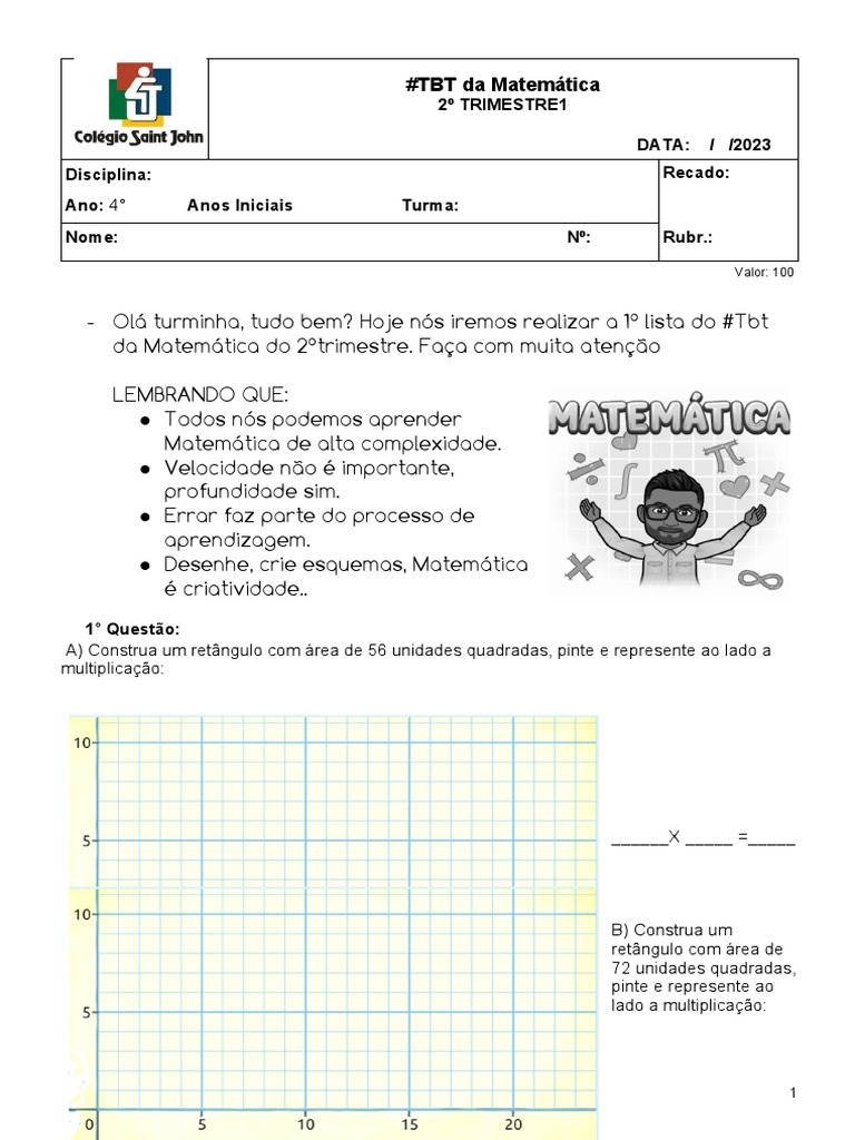 Lista1 Tbt 4°ano 1°tri Pdf Matemática
