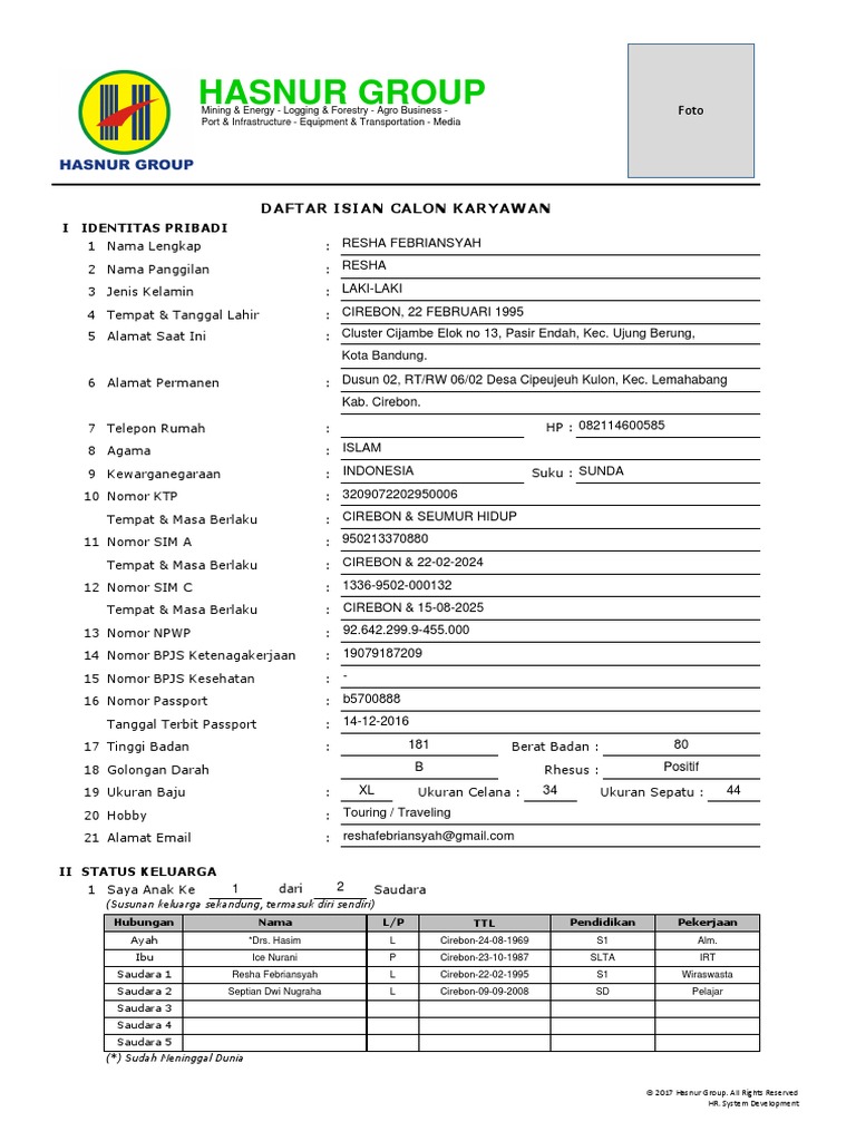 Form Isian Karyawan | PDF