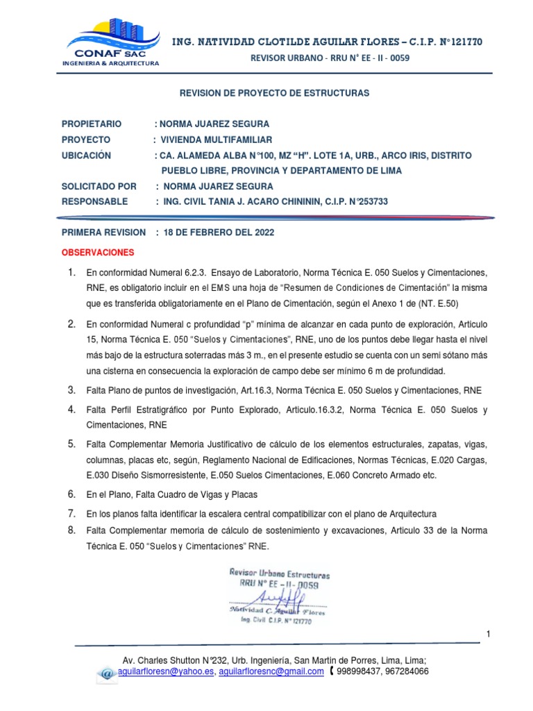 Observacion Viv. Mulf - Norma Juarez - Pueble Libre | PDF | Fundación (Ingeniería)