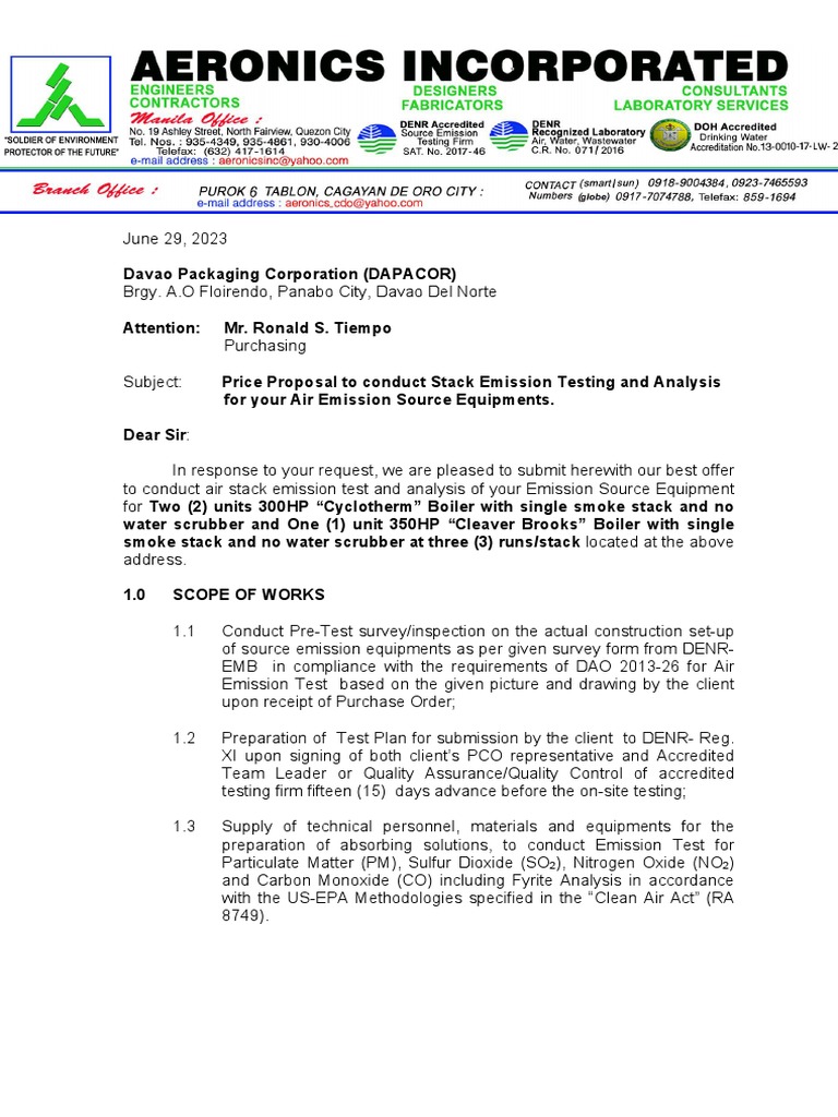 Stack Emission Testing Proposal | PDF | Exhaust Gas | Air Pollution