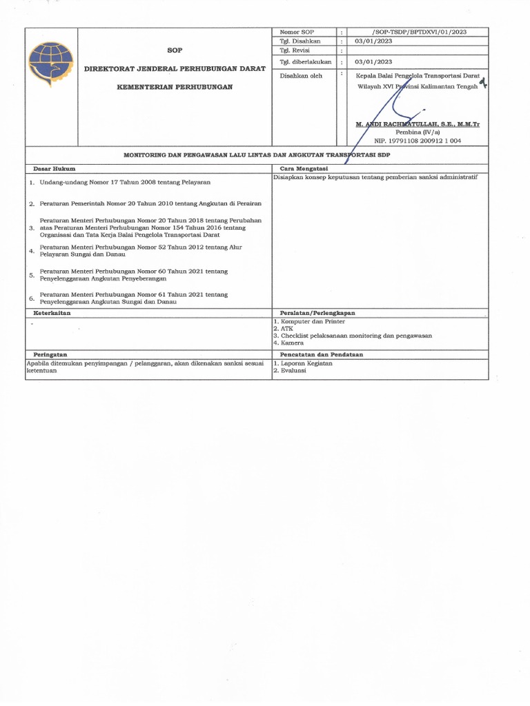 KALTENG SOP Monwas Lalin Dan Angkutan Transportasi SDP | PDF