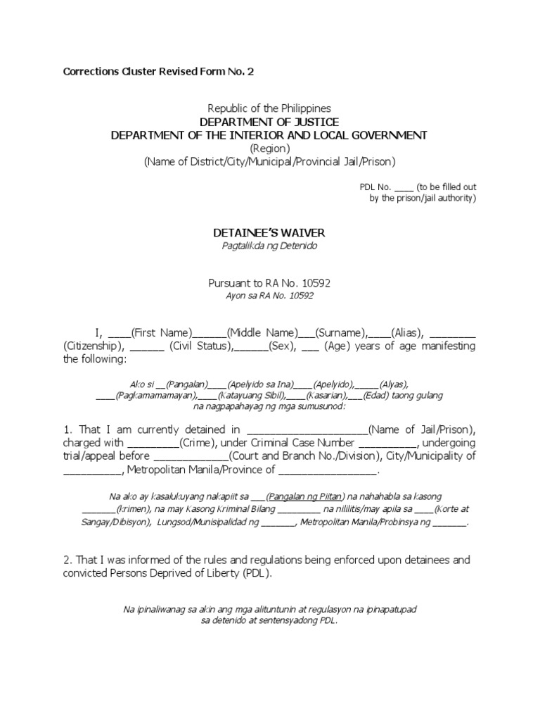 Detainee's Waiver Form RA 10592 | PDF | Detention (Imprisonment ...