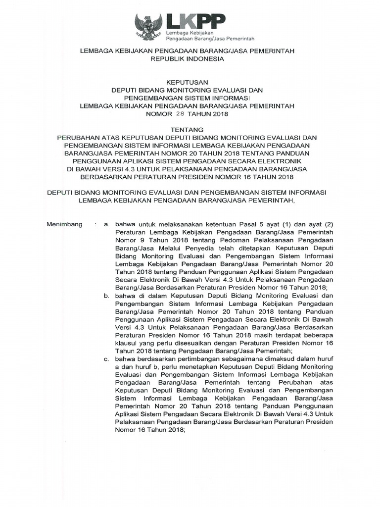 Keputusan Deputi Bidang Monitoring-Evaluasi Dan Pengembangan Sistem Informasi LKPP Nomor 28 ...