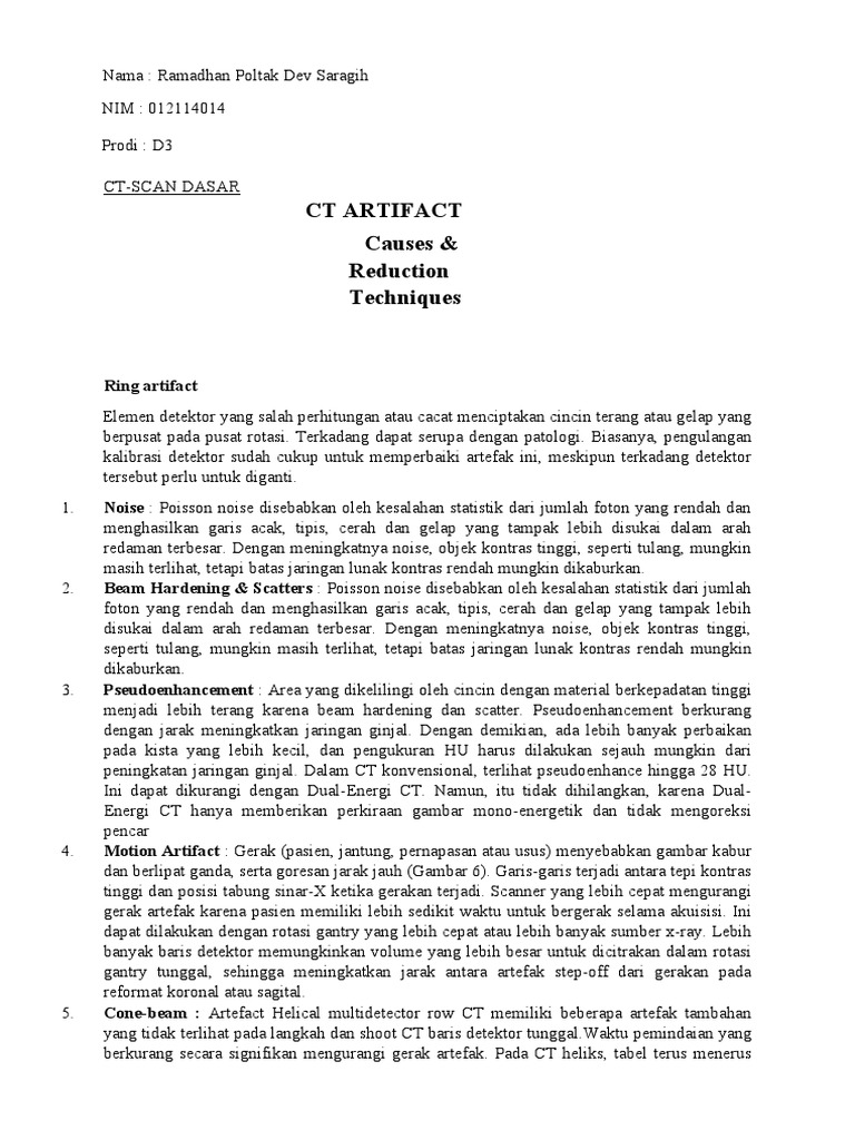 CT Artifact Causes & Reduction Techniques | PDF