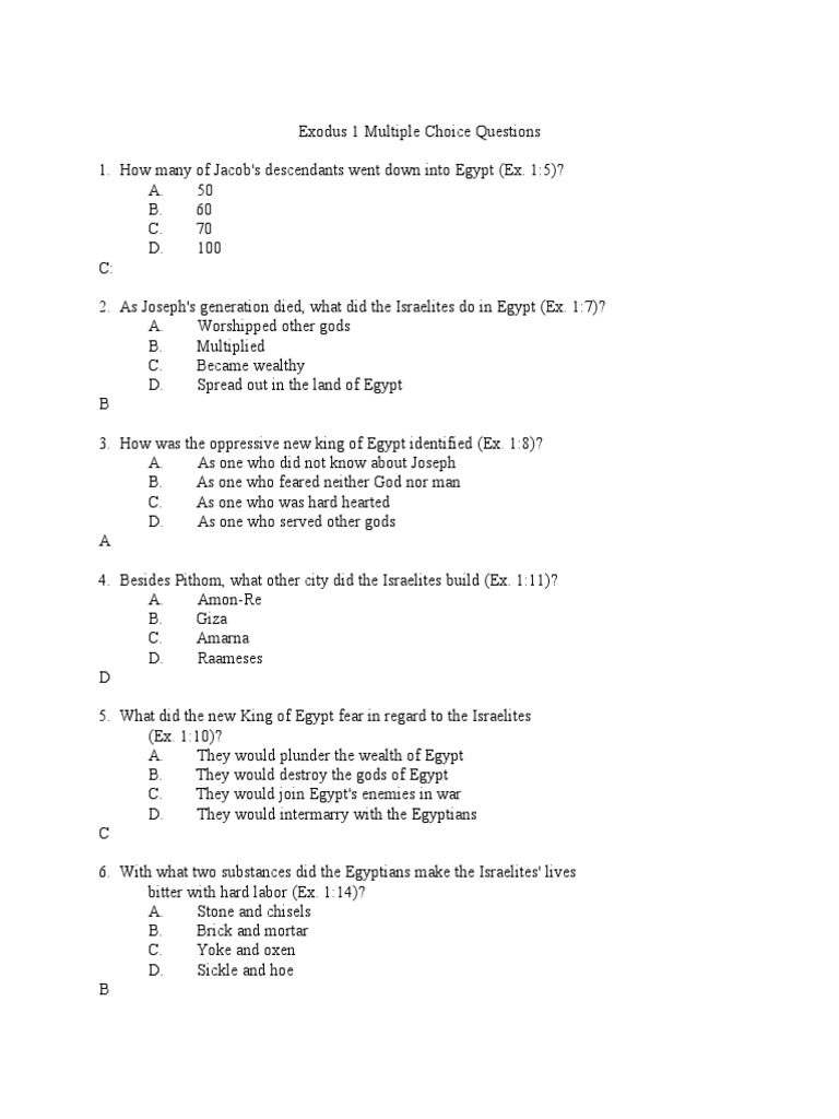Exodus 1 Multiple Choice Questions | PDF | Moses | The Exodus