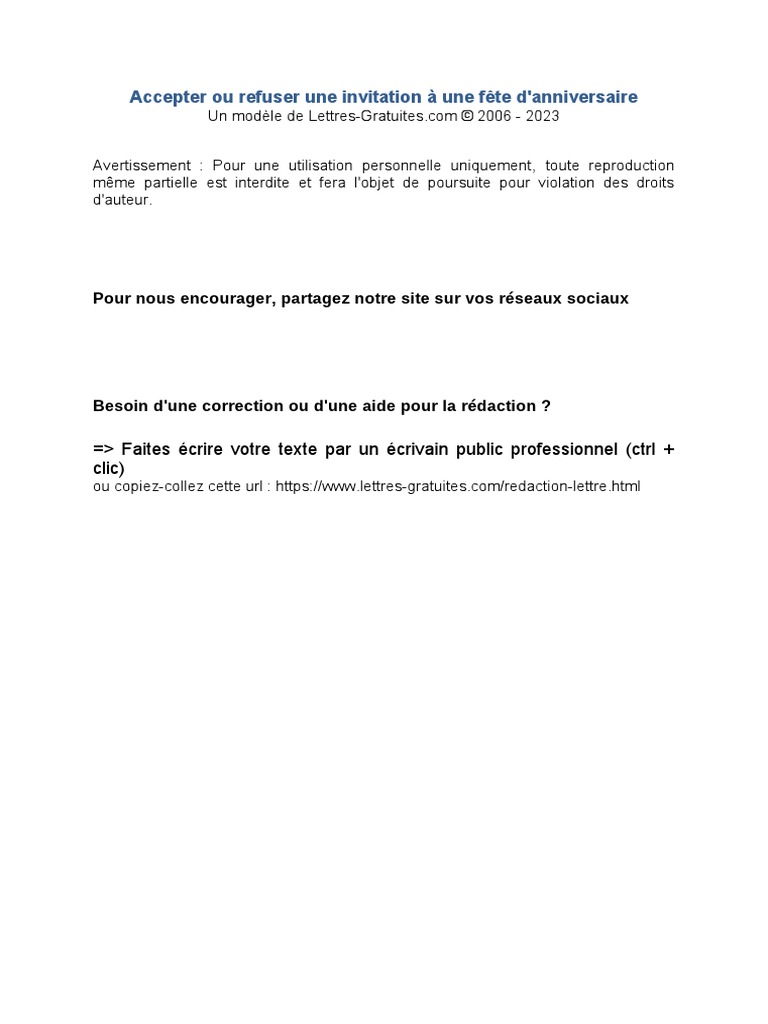 Réponses aux invitations d'anniversaire | PDF