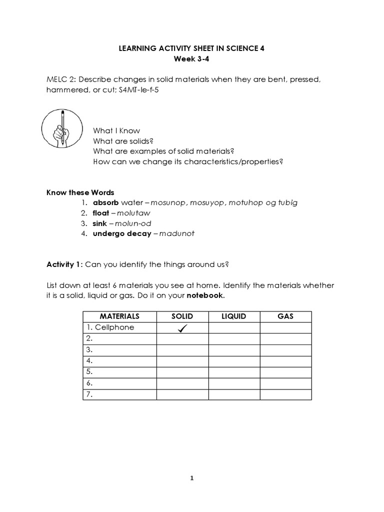 Science 4: Properties of Solids Activities | PDF | Decomposition | Water