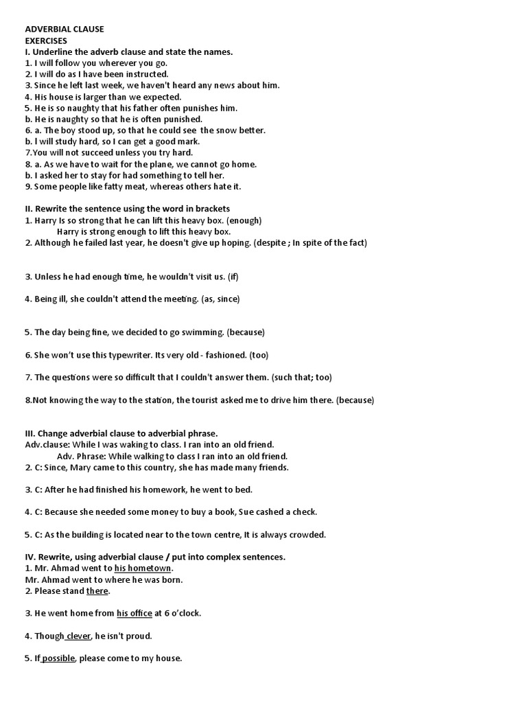 Adverbial Clause Exercises Worksheet | PDF | Language Mechanics | Syntax