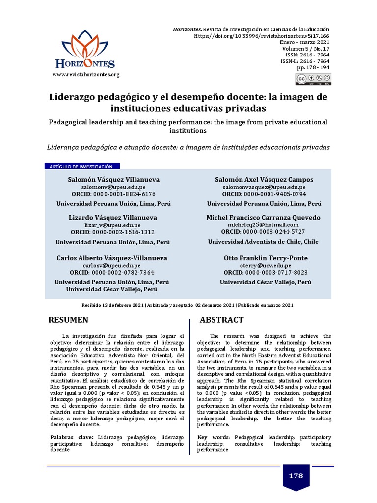 Liderazgo Pedagogico y El Desempeño Docente | PDF | Maestros | Estadísticas