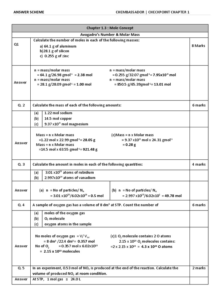 Answer Checkpoint Chapter 1 | PDF | Mole (Unit) | Mass Fraction (Chemistry)