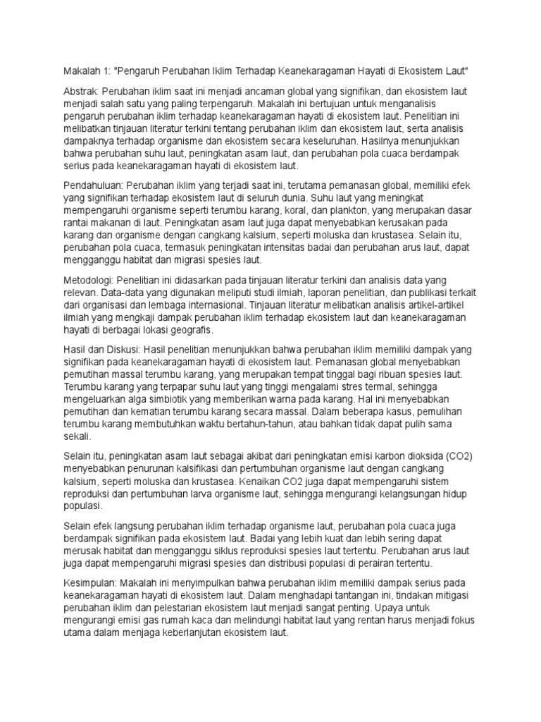 Pengaruh Perubahan Iklim Terhadap Keanekaragaman Hayati Di Ekosistem Laut | PDF