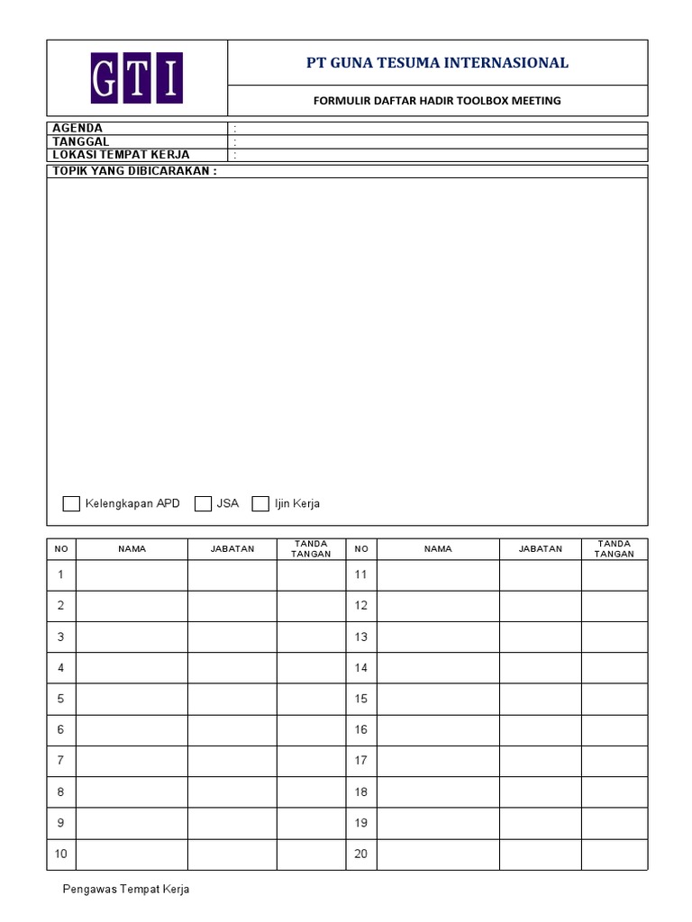 Formulir Daftar Hadir Toolbox Meeting | PDF