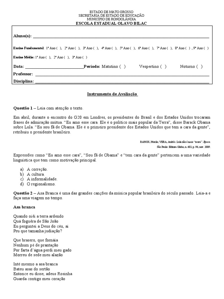 Avaliação 9° Ano - 1° Bimestre - Professor Raphael Biondaro - Lingua ...