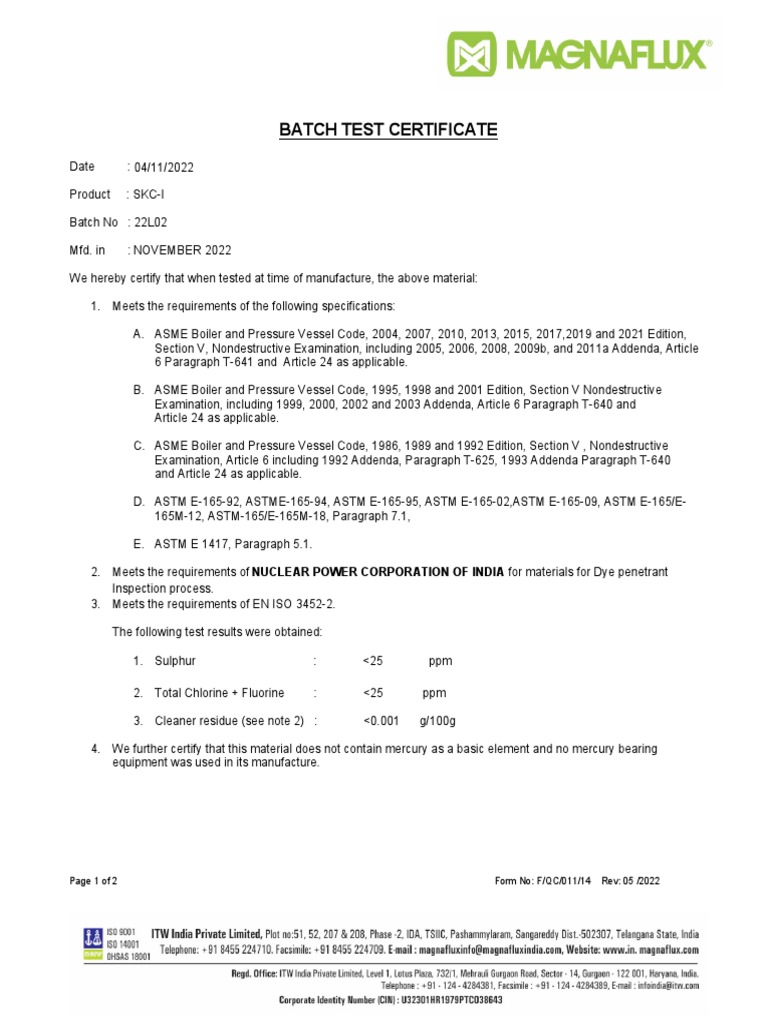 Batch Test Certificate: Page 1 of 2 Form No: F/QC/011/1 4 Rev: 05 /2022 ...