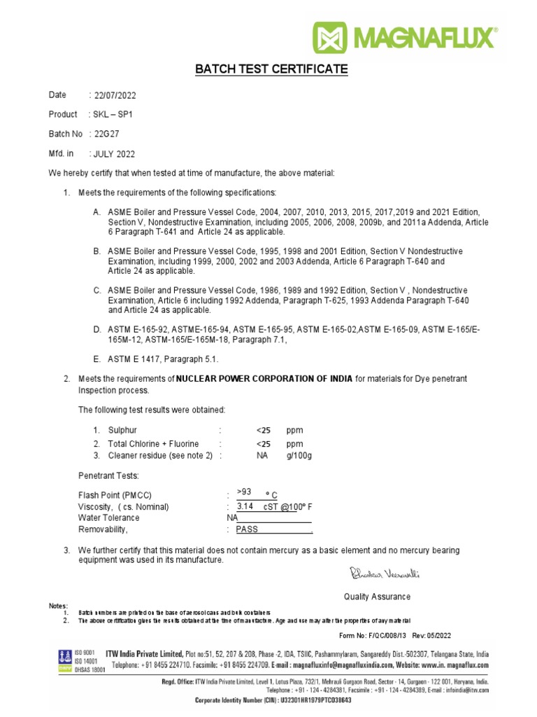 Batch Test Certificate: Notes: 2. Form No: F/QC/008/1 3 Rev: 05/2022 ...