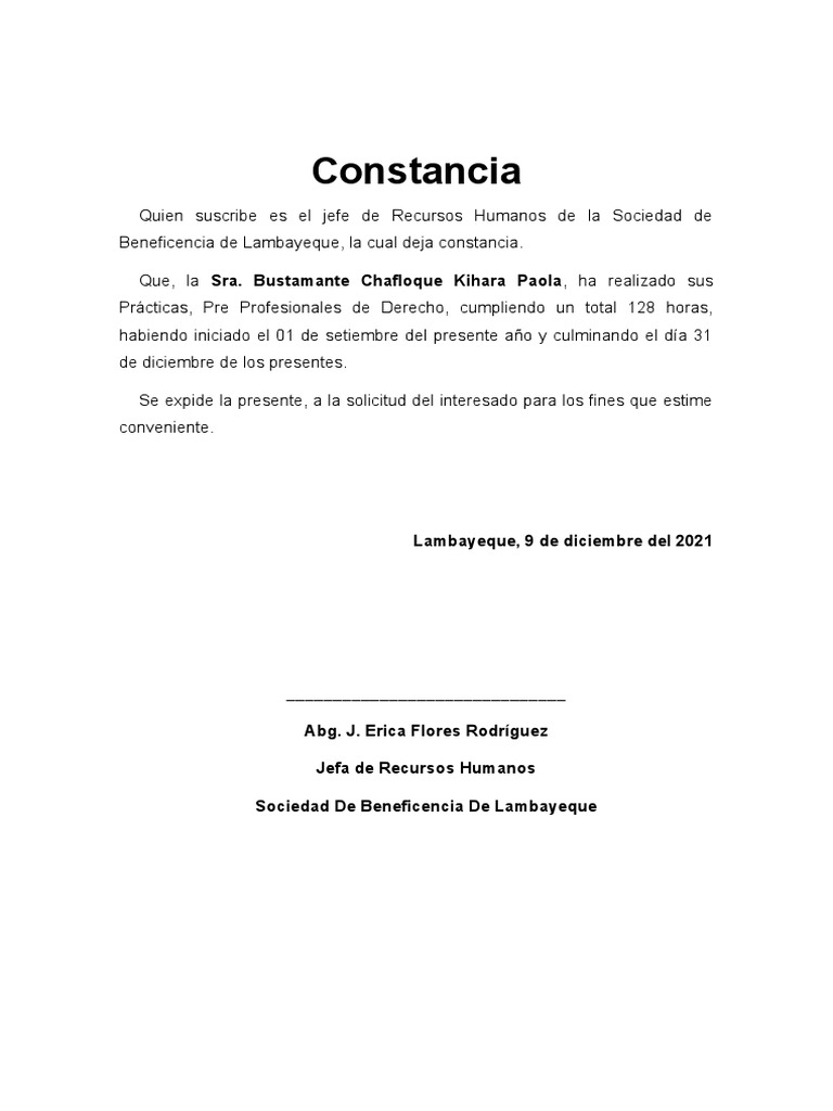 Constancia Practicas Pre Profesionales | PDF