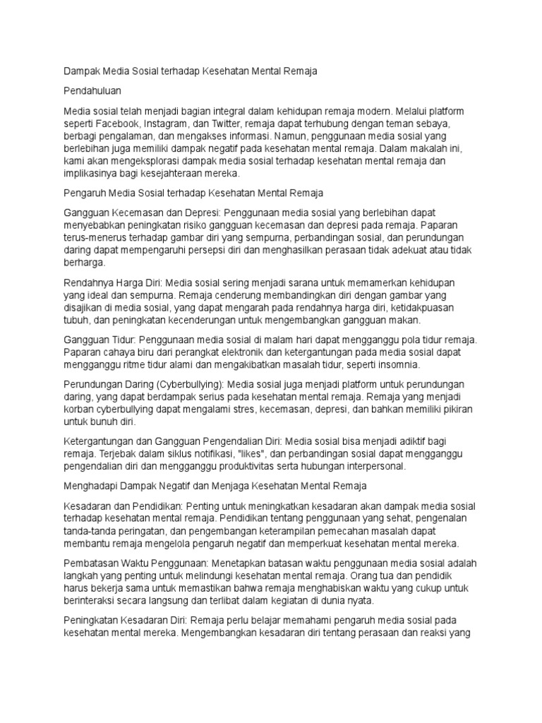 Dampak Media Sosial Terhadap Kesehatan Mental Remaja | PDF