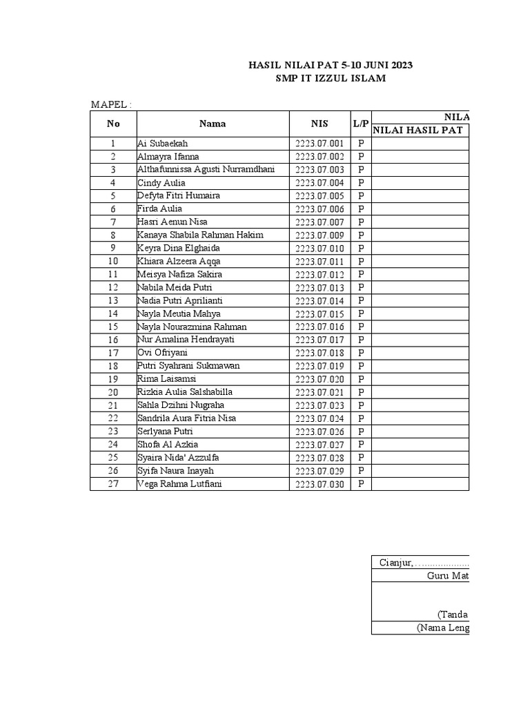Format Nilai Pat 5-10 Juni 2023 | PDF