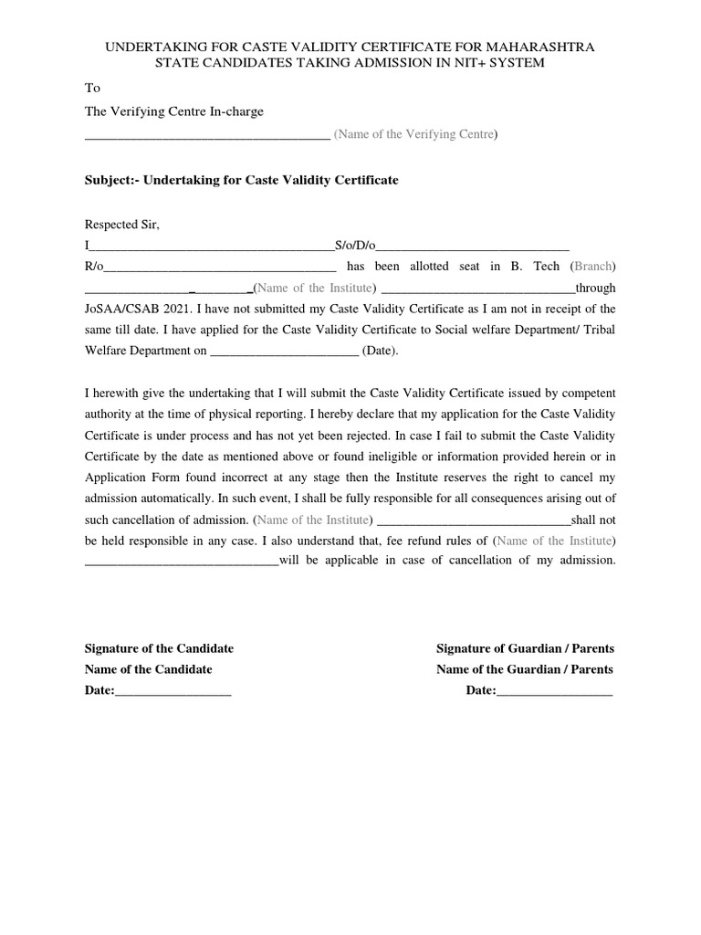 Subject:-Undertaking For Caste Validity Certificate | PDF
