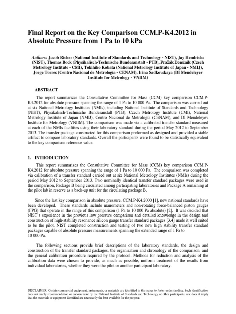 Final Report On The Key Comparison Ccm.P-K4.2012 in Absolute Pressure From 1 Pa To 10 Kpa | PDF ...
