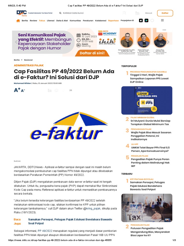 Solusi DJP Jika Cap Fasilitas PP 49 - 2022 Belum Ada Di E-Faktur | PDF
