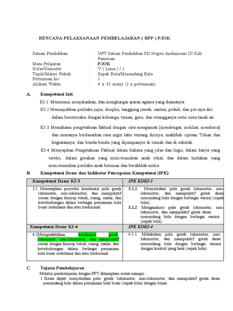 RPP - Kelas V - PJOK - Sepak Bola - Passing | PDF | Karier & Perkembangan