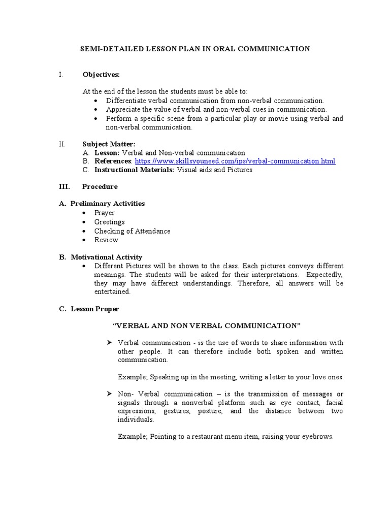Semi Detailed Lesson Plan in Oral Communication | PDF | Nonverbal ...