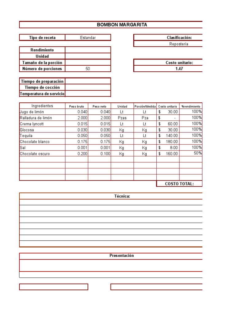 Formato de Receta Estandar | PDF | Cocina mexicana | Confitería De Azúcar