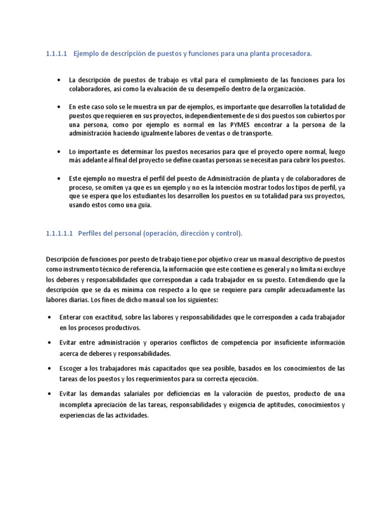 Ejemplo de Descripción de Puestos y Funciones para Un Planta Procesadora | PDF | Logística ...