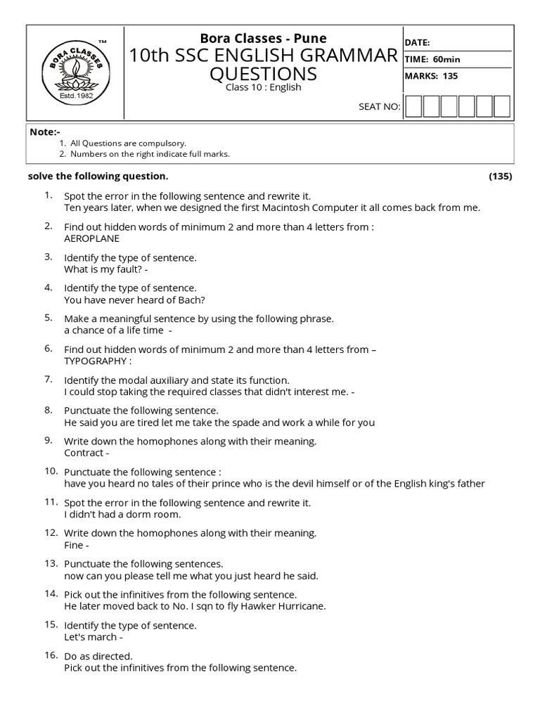 10th Grade English Grammar Quiz | PDF | Adverb | Sentence (Linguistics)