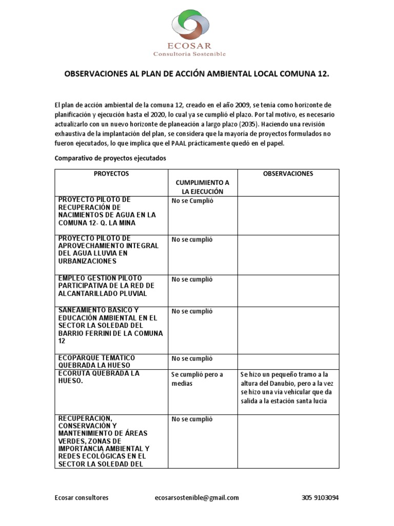 Observaciones Al Plan de Acción Ambiental Local Comuna 12 | PDF | Alcantarillado