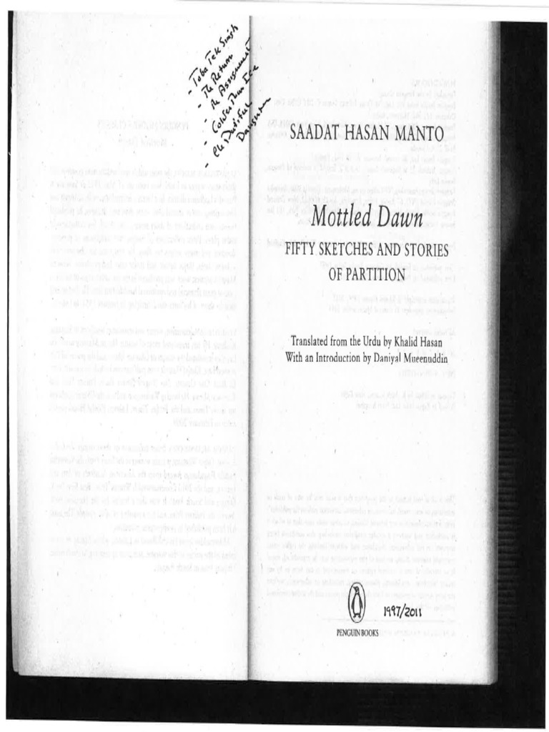 Saadat Hasan Manto Toba Tek Singh and Other Stories From Mottled Dawn ...
